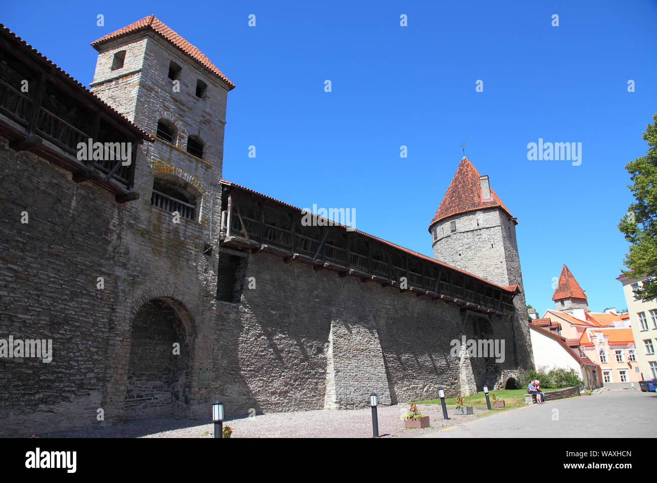 Medieval Lower Town walls and towers in Tallinn, Estonia Stock Photo ...