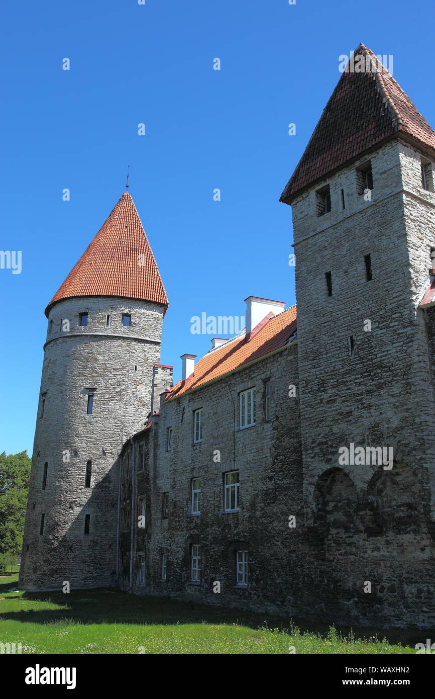 Medieval Lower Town walls and towers in Tallinn, Estonia Stock Photo ...