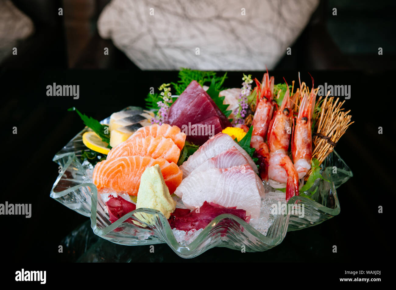 Premium sashimi on ice, Tai fish sashimi, Ebi sashimi, Maguro sashimi ...