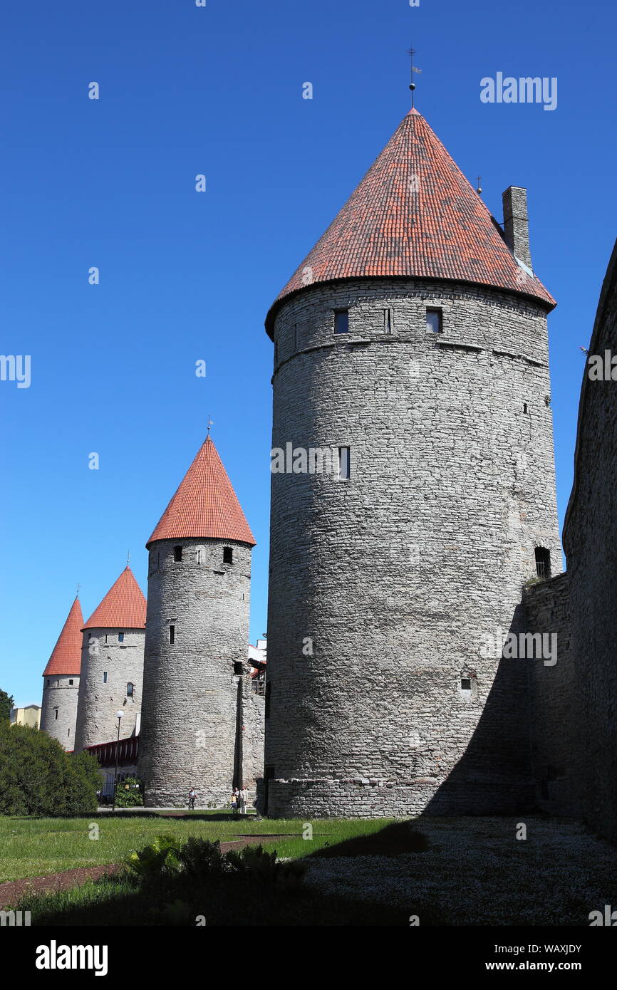 Medieval Lower Town walls and towers in Tallinn, Estonia Stock Photo ...