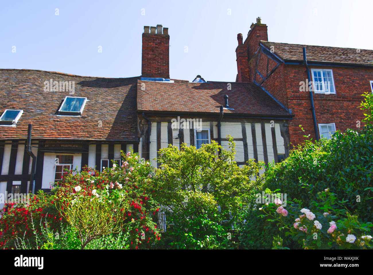 Pretty black and white beamed cottages seen from the herb garden at ...