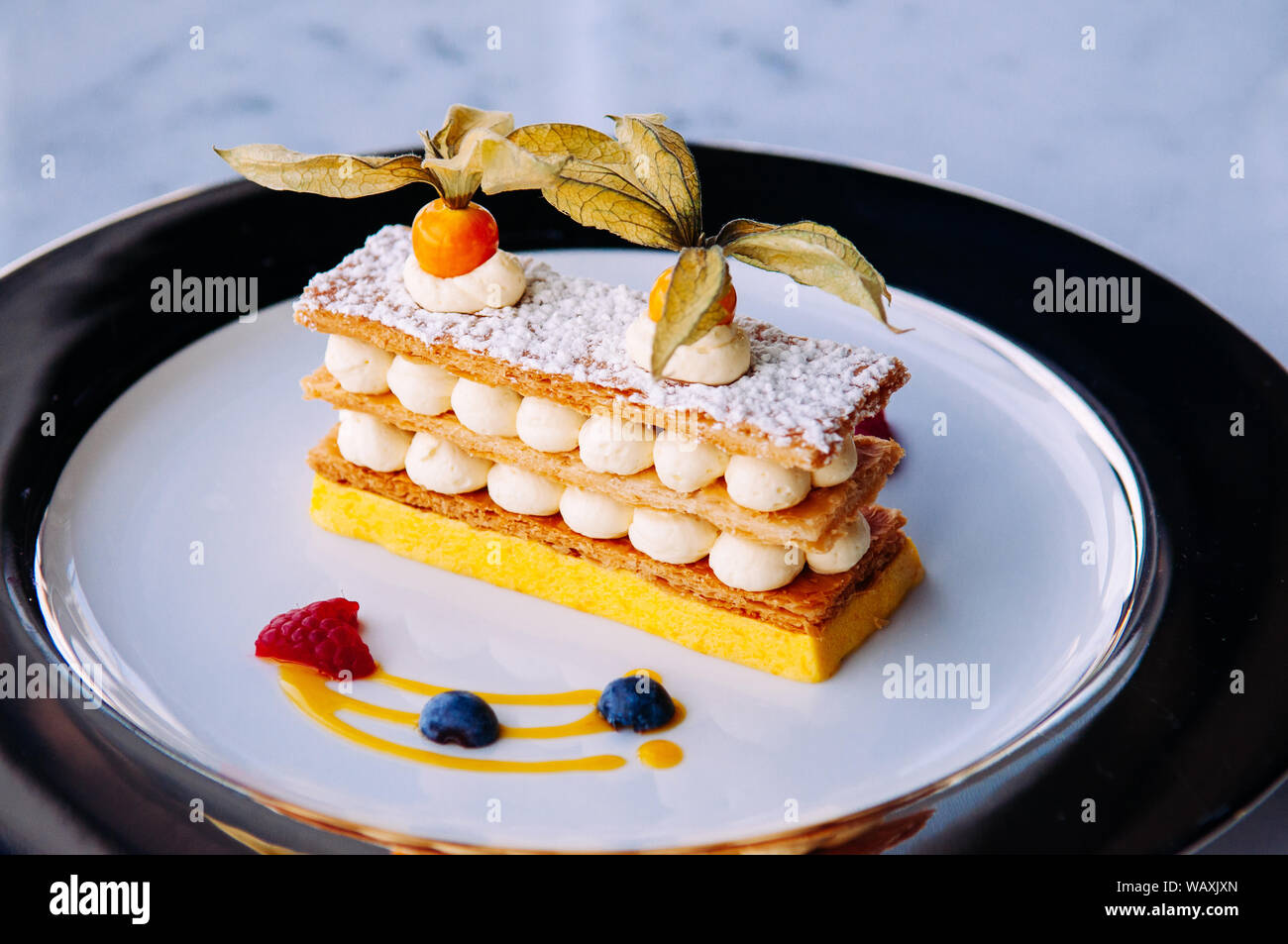 Beautiful dish of mango berries Millefeuilles French puff pastry on ...