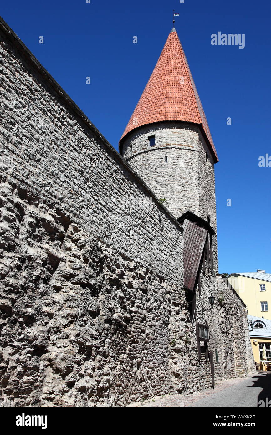 Medieval Lower Town walls and towers in Tallinn, Estonia Stock Photo ...