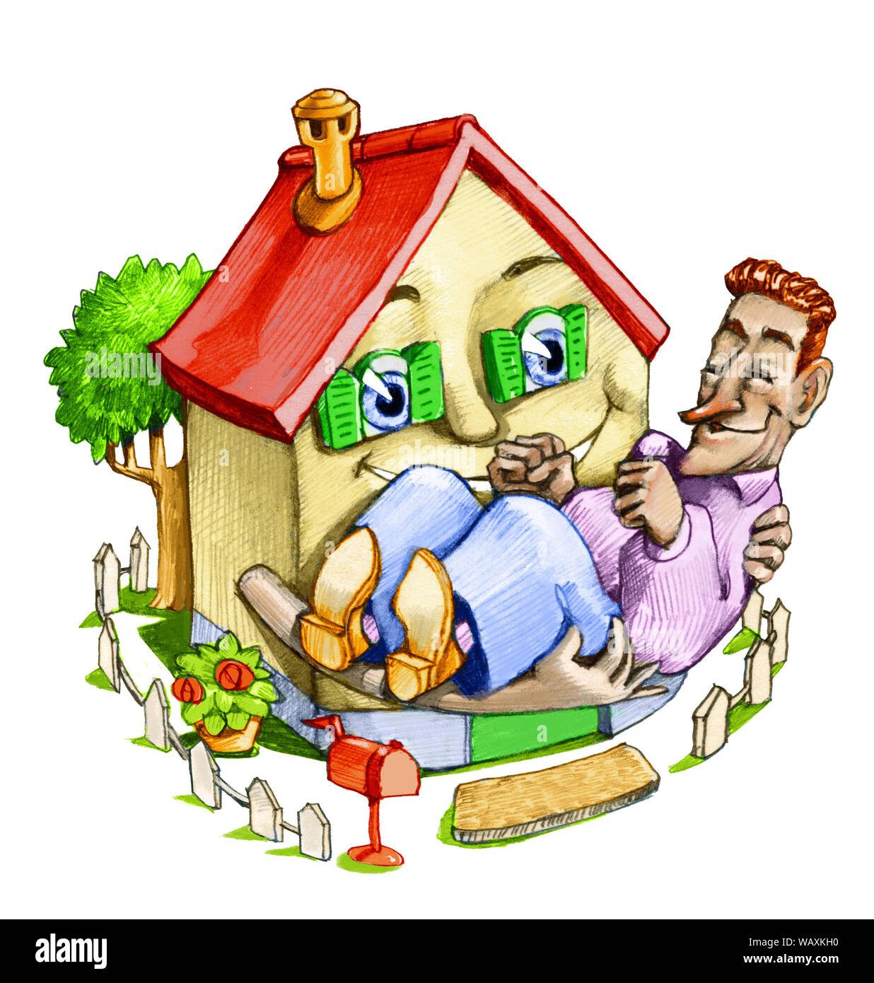 a very pretty house holding its tenant pencil humor illustration Stock ...