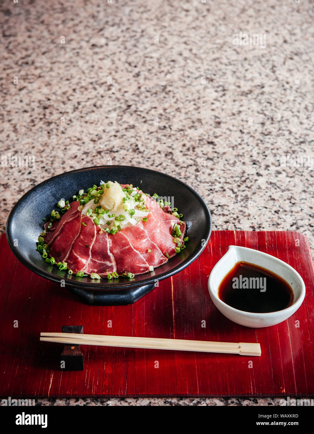 Beautiful Japanese Tataki raw beef cuisine with ginger, onion, spring ...