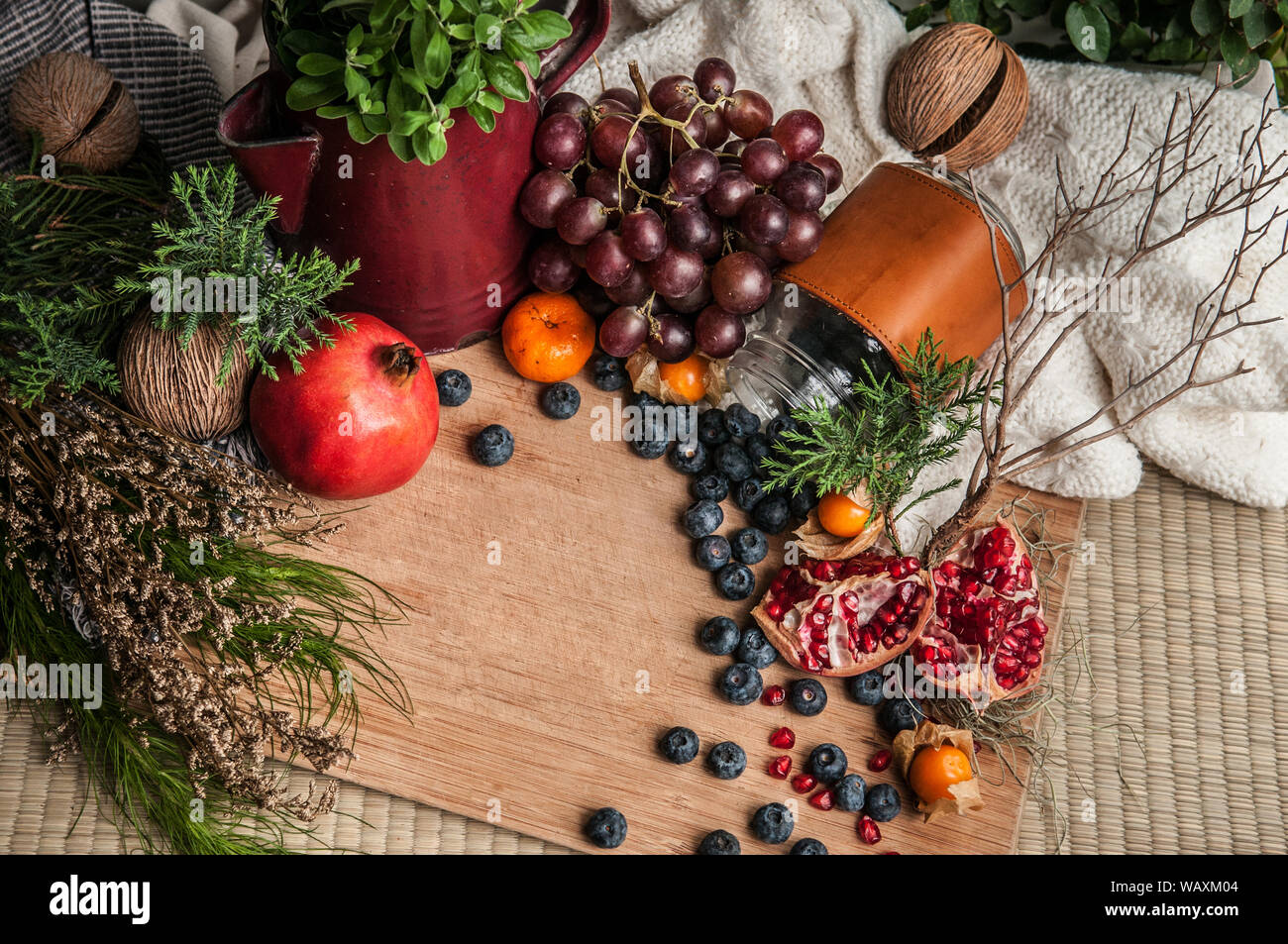 Healthy eating theme with different kind of fruits on wooden background ...