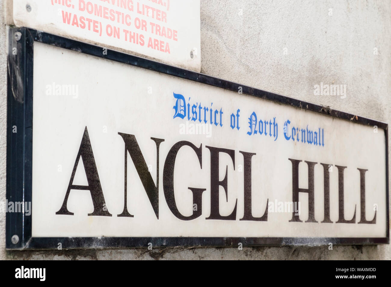 Sign for Angel Hill in Launceston Cornwall UK. Made famous by the Poet ...