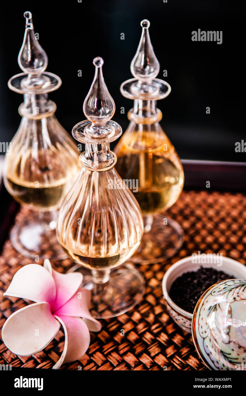 Spa essential oil, aroma therapy oil in luxury glass bottles Stock ...