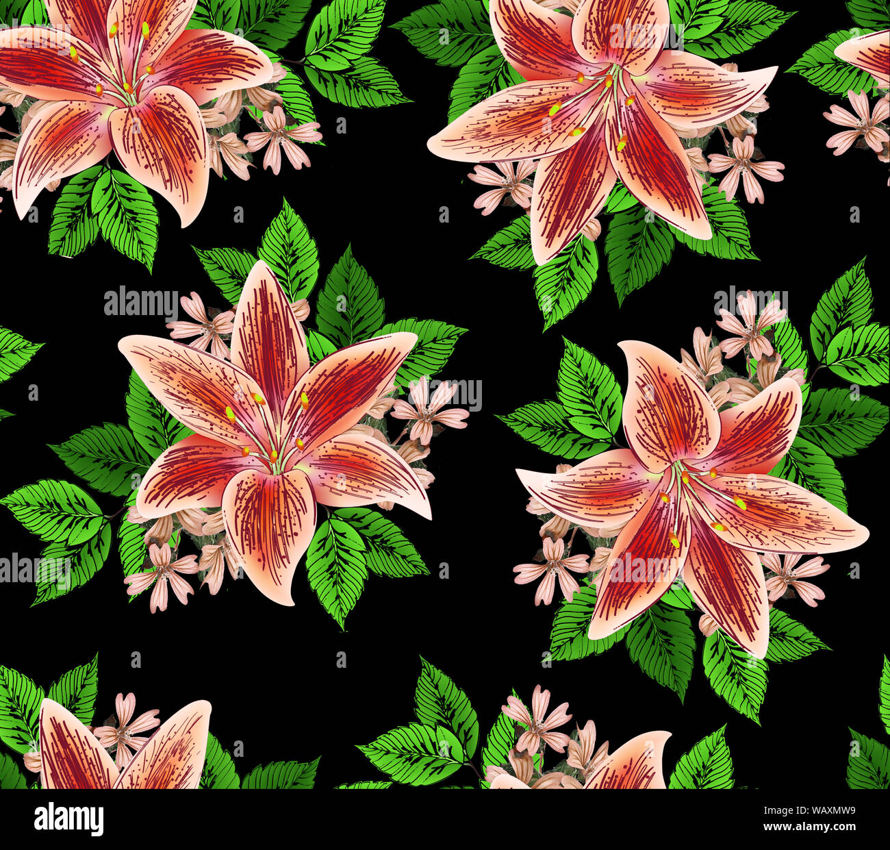 beautiful flower and thin branches seamless pattern Stock Photo - Alamy