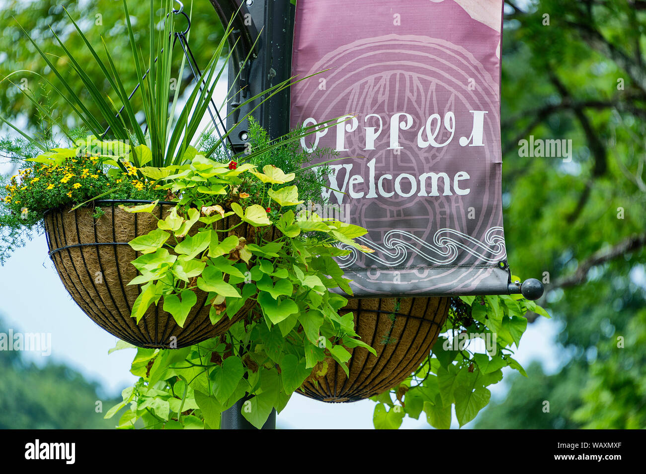 Cherokee, North Carolina,USA - August 3,2019: Welcome sign in both ...