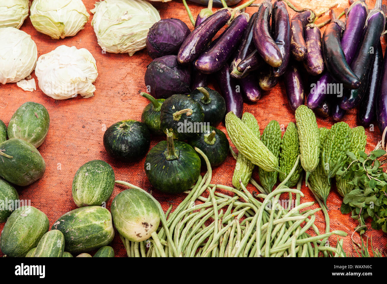 Fresh green bitter gourd, eggplant, pumpkins and vegetable in Asian ...