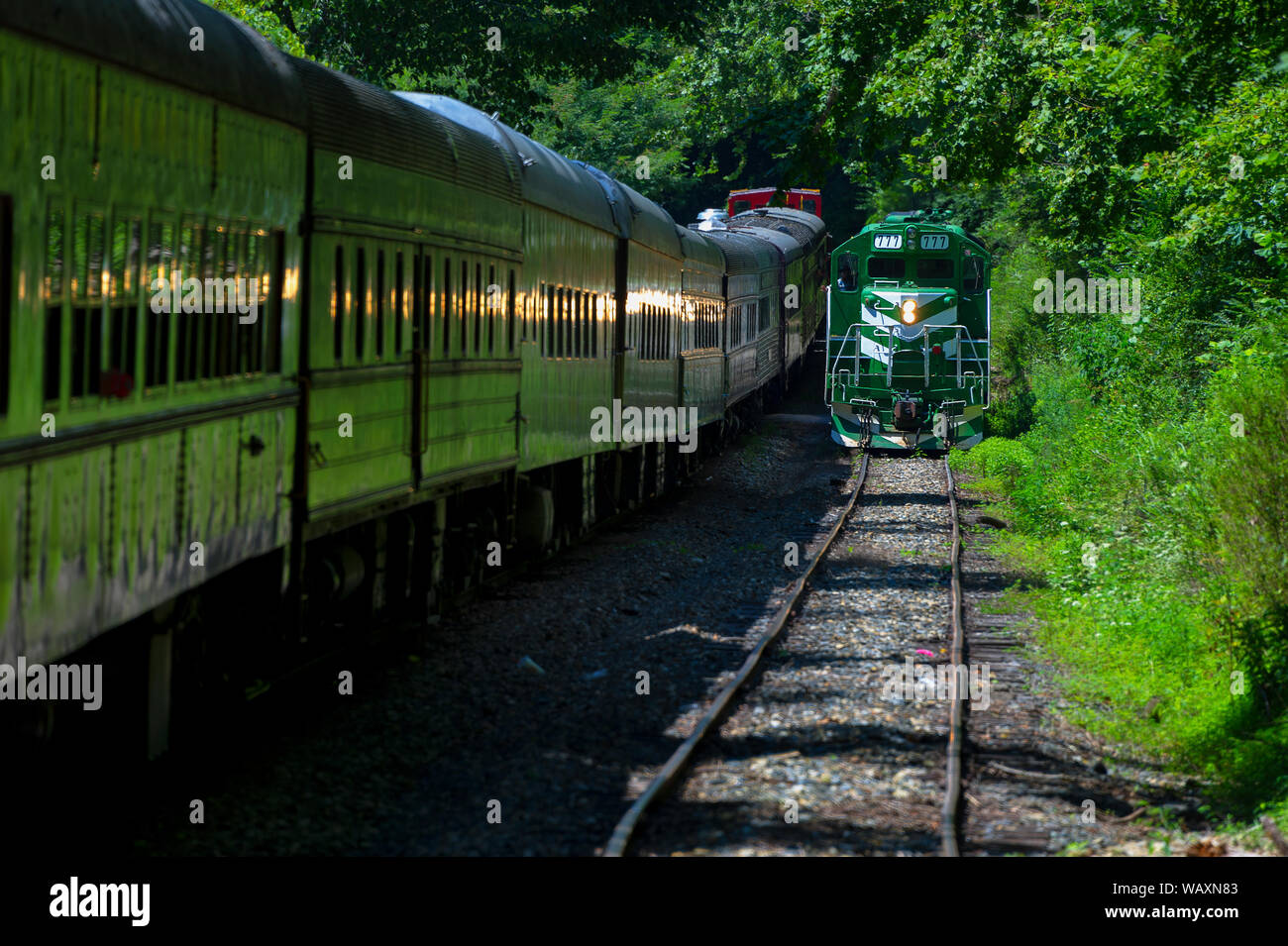 Bryson, North Carolina, USA - August 3, 2019: Two trains pass going in ...