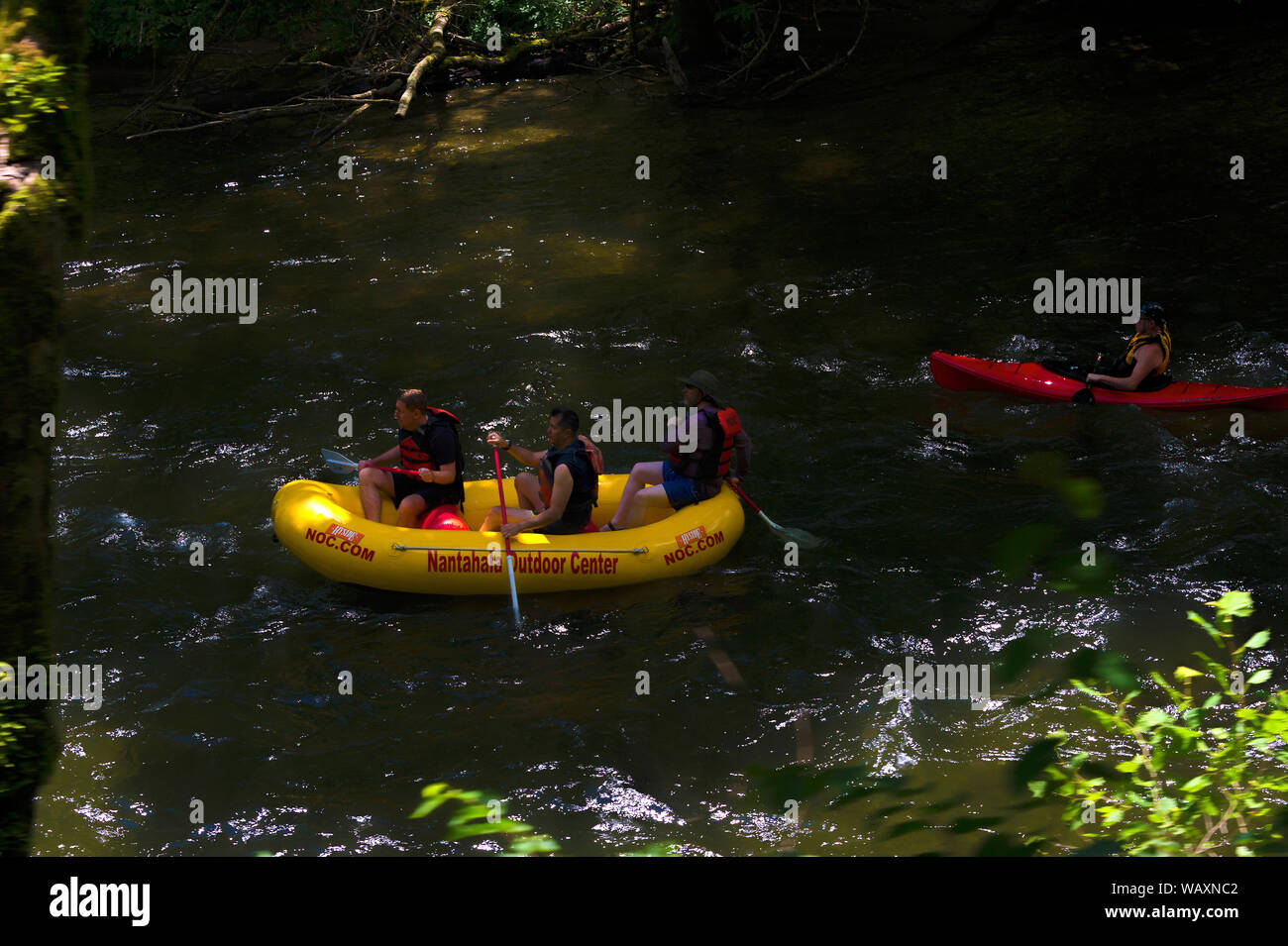 Bryson, North Carolina, USA - August 3, 2019: Seen from a moving train ...