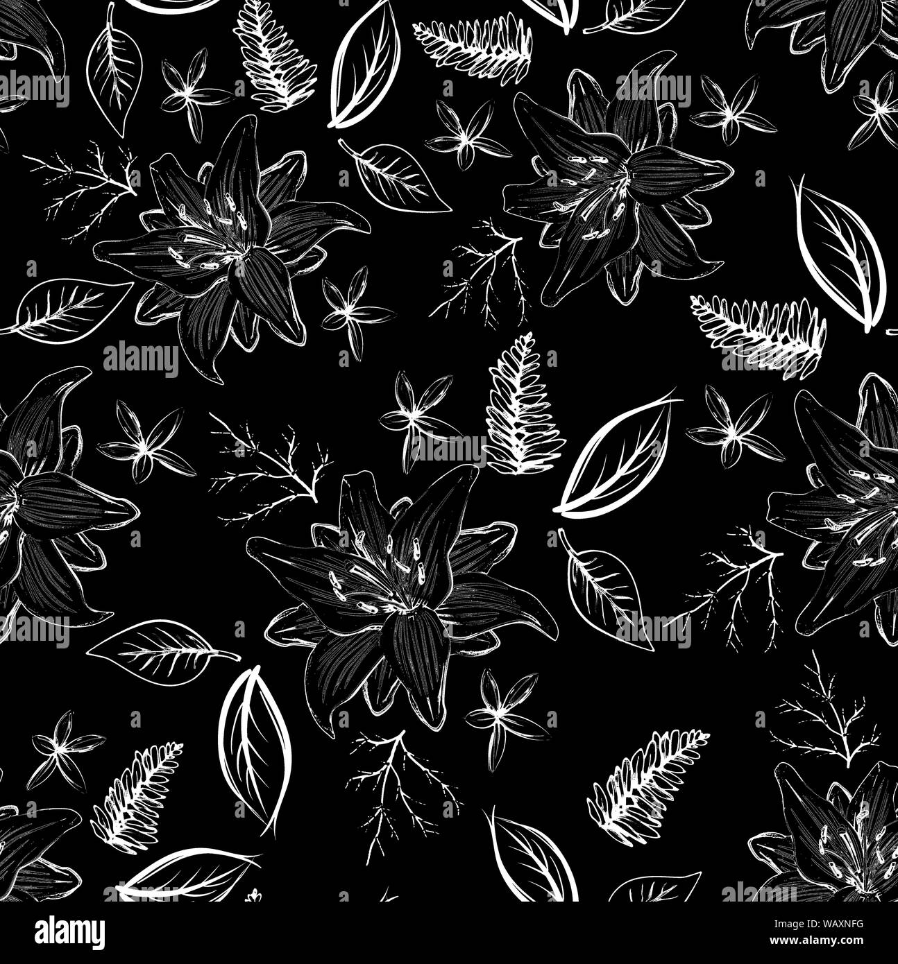 Tropical flowers background seamless pattern Black and White Stock ...