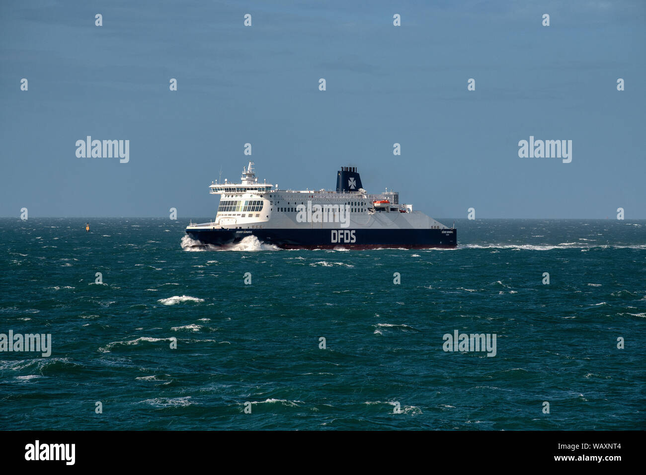 A DFDS cross channel ferry crossing between Calais in France and Dover ...