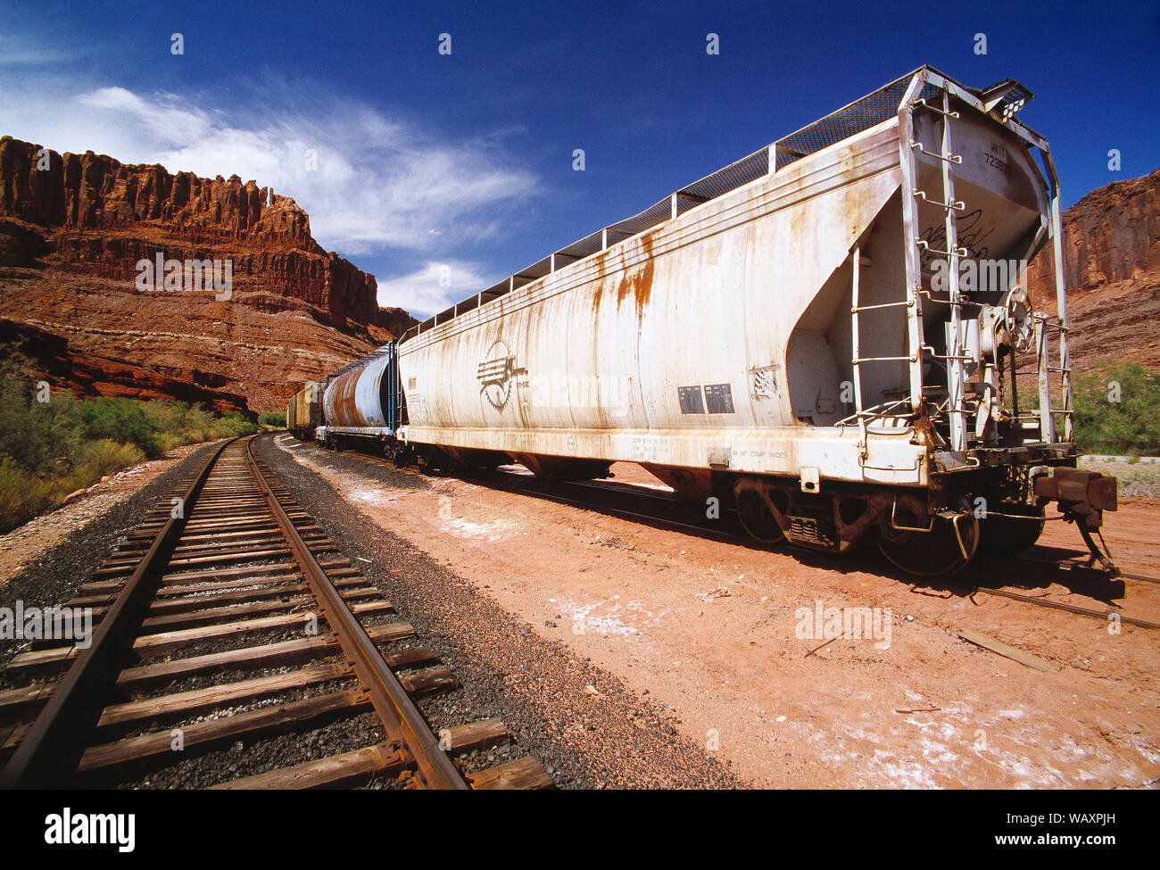 USA. Utah. Potash. Abandoned railroad trucks in canyon Stock Photo - Alamy