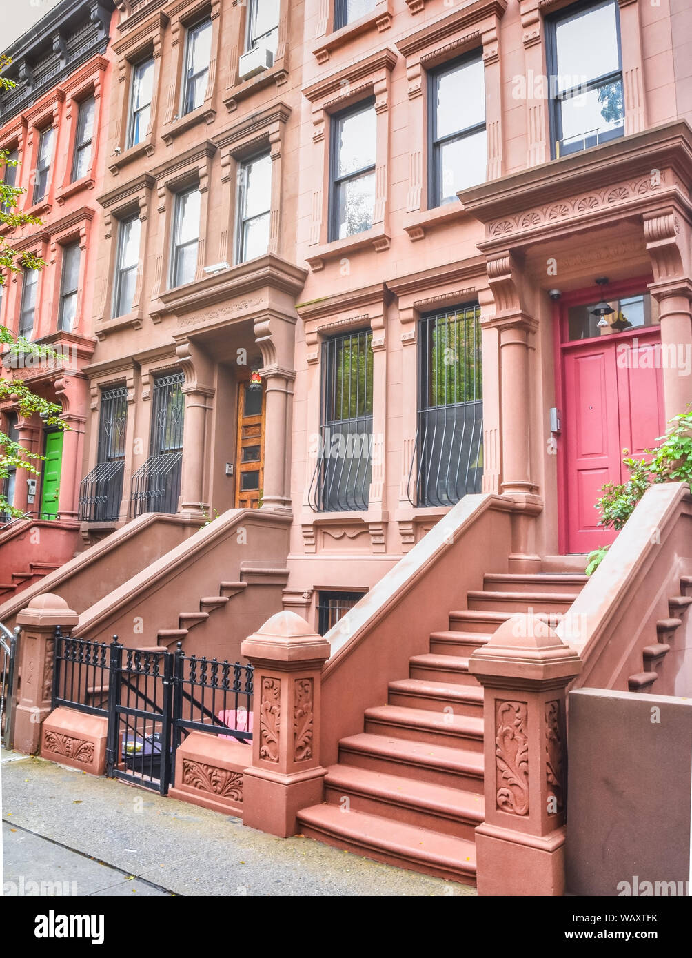 Main ladder and entry door. New york Harlem buildings. Brown houses ...