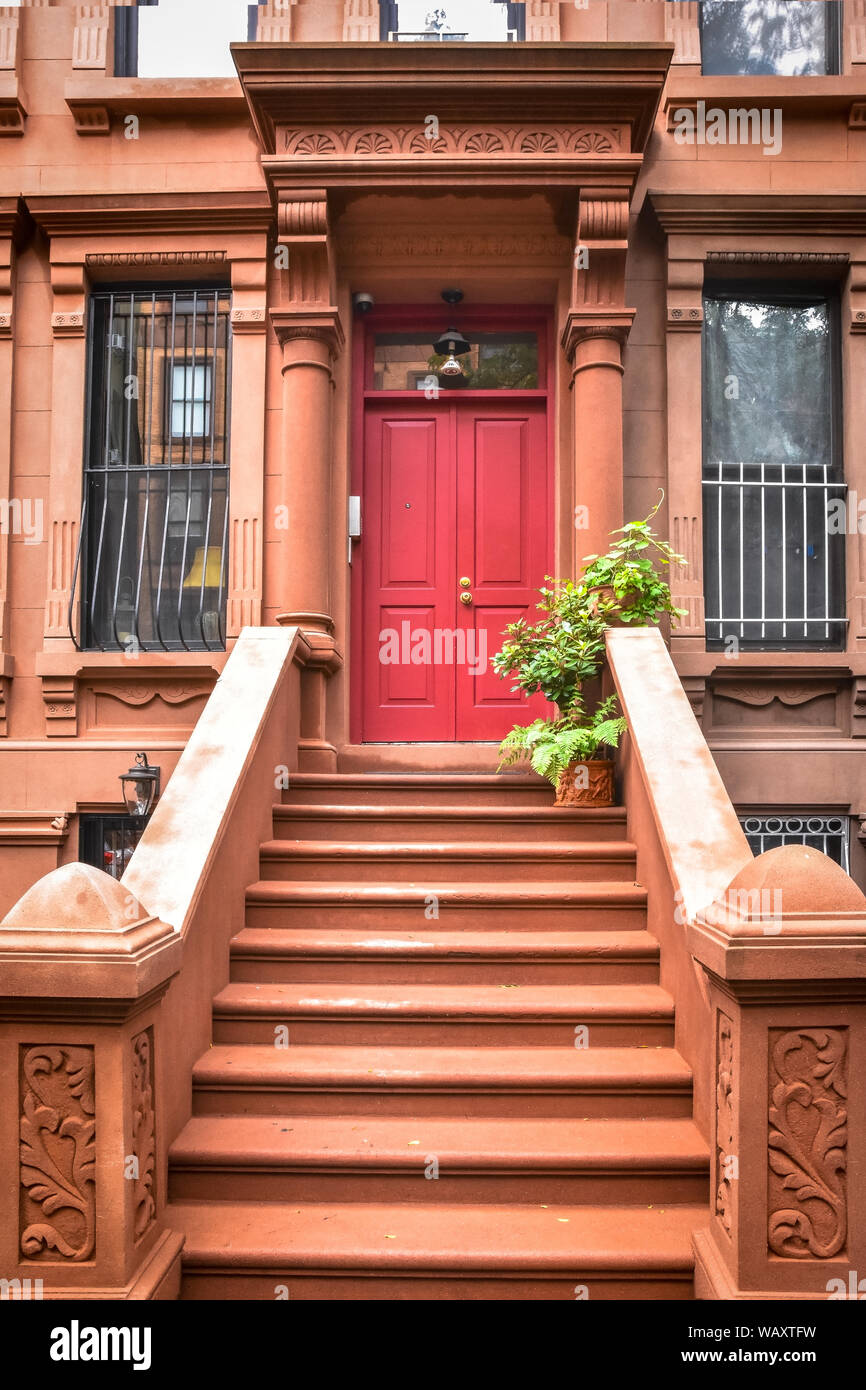 Main ladder and entry door. New york Harlem buildings. Brown houses ...