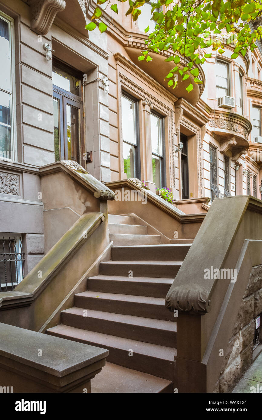 Main ladder and entry door. New york Harlem buildings. Brown houses ...
