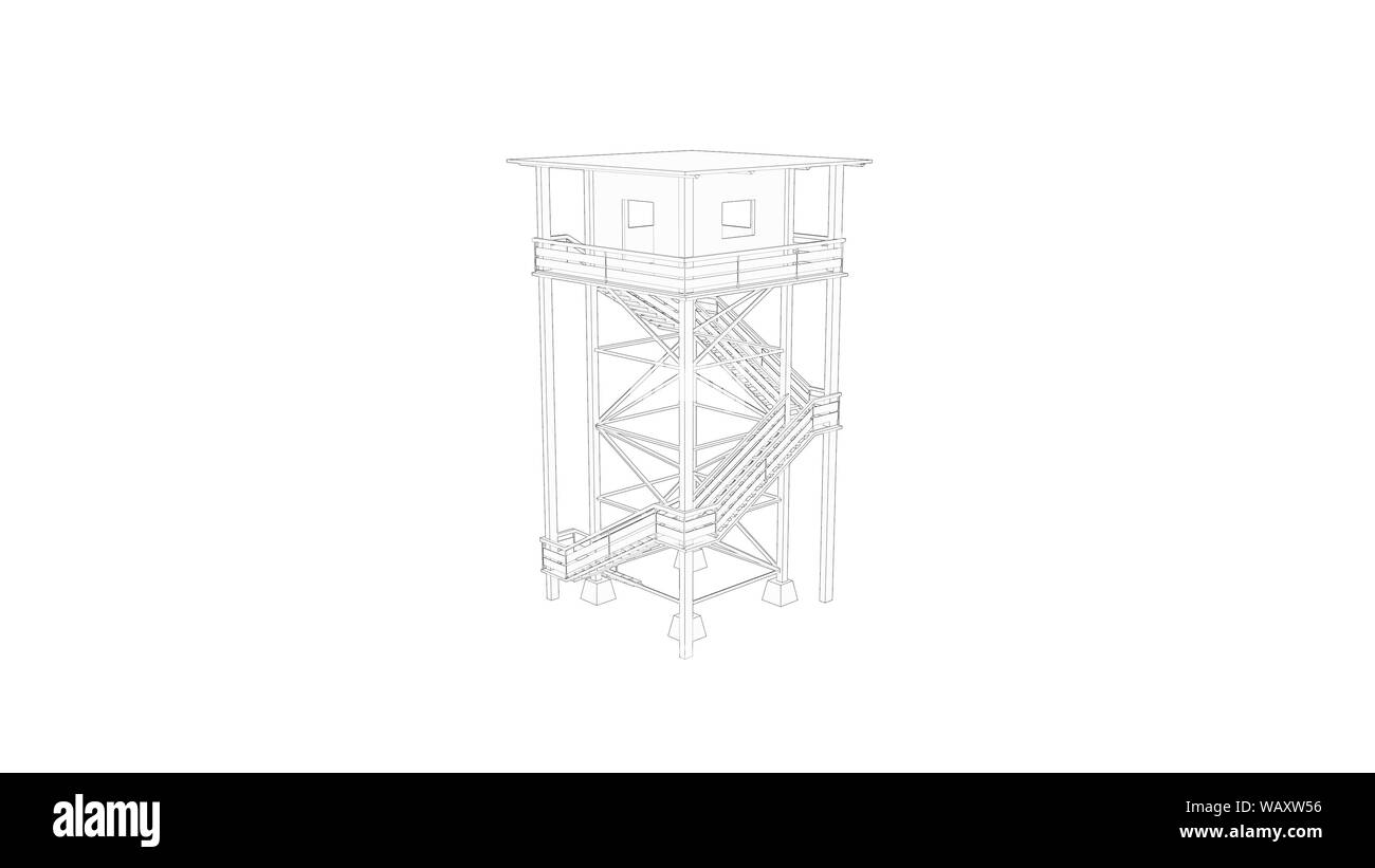 3d rendering line drawing sketch of a watch tower isolated in white ...