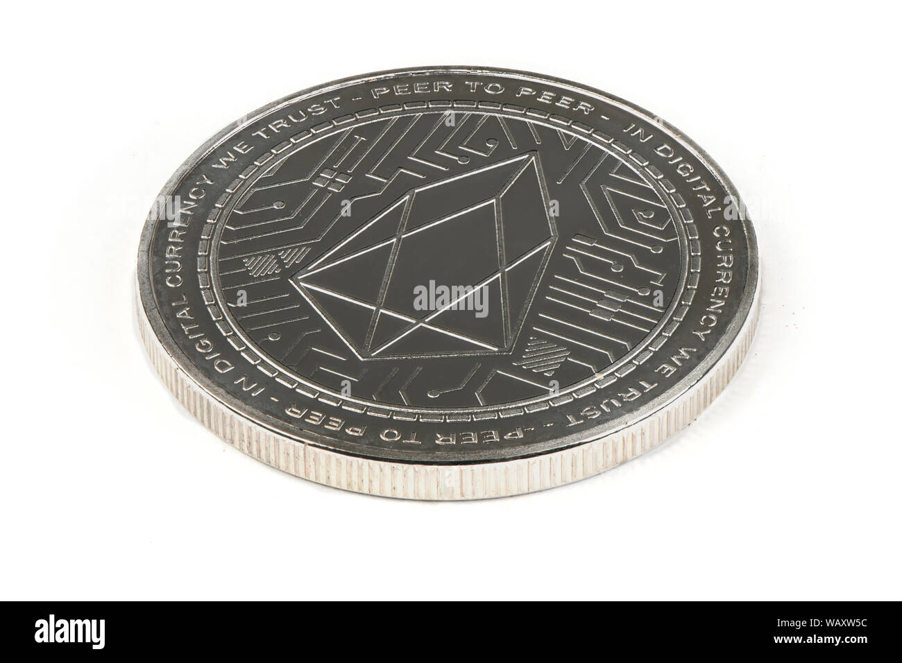 Face of the crypto currency, silver EOS isolated on white background ...