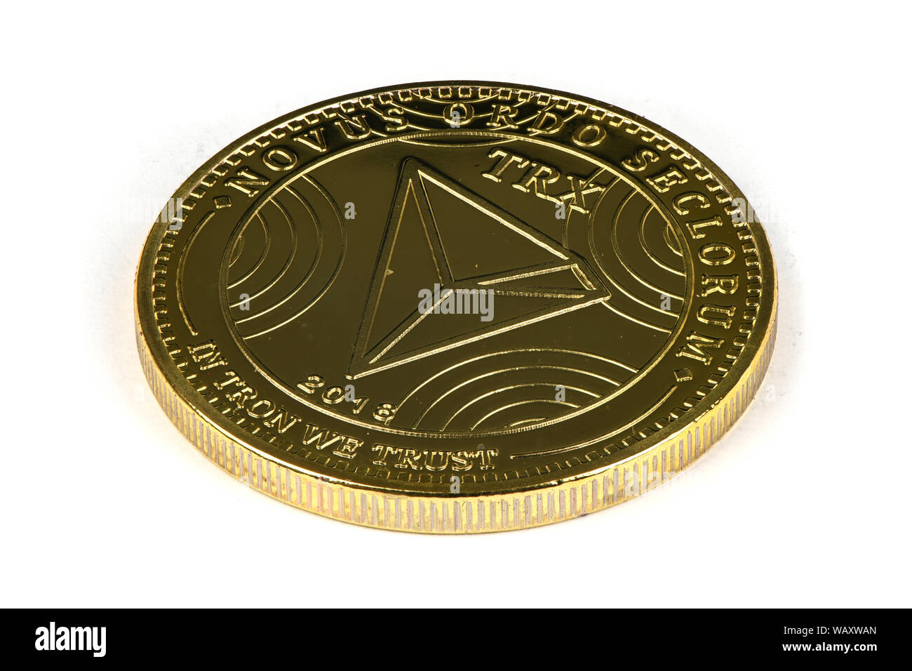 Back side of the crypto currency golden tron isolated on white ...