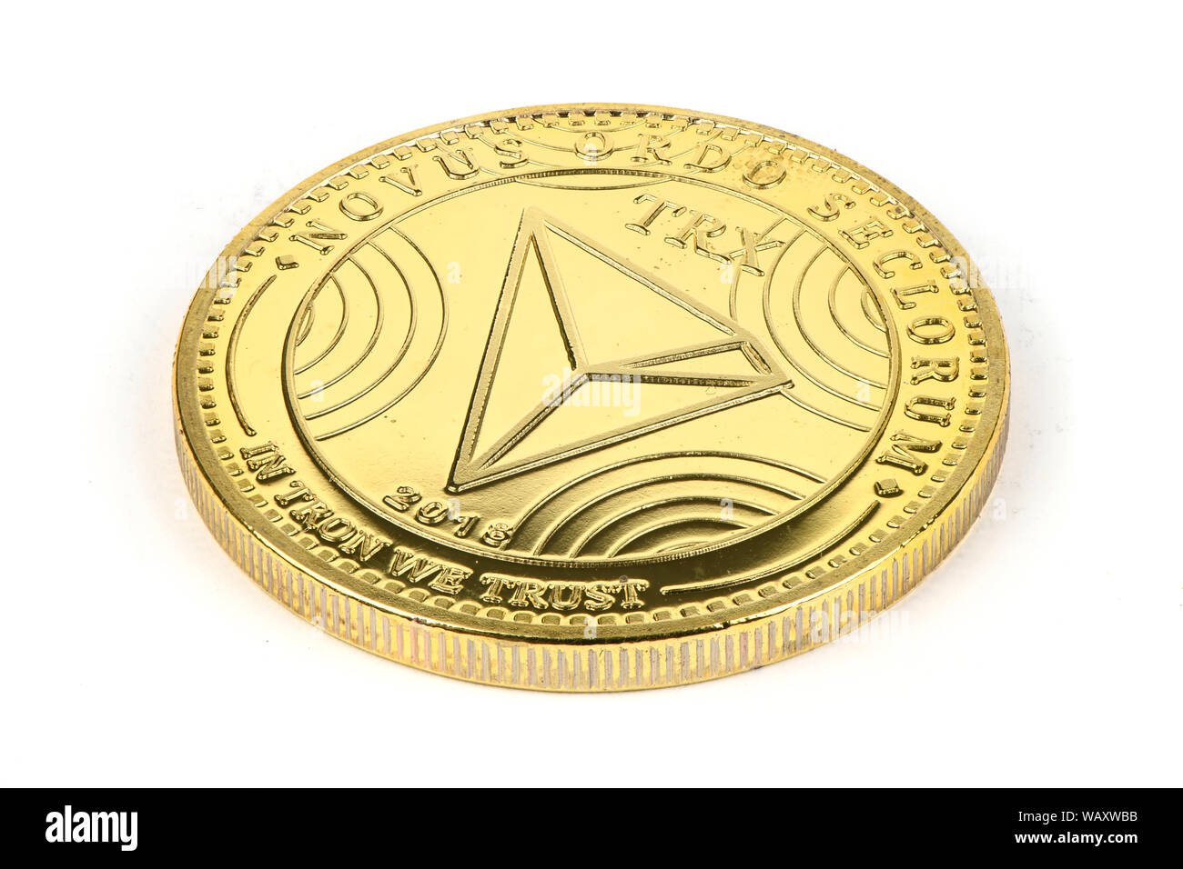 Back side of the crypto currency golden tron isolated on white ...