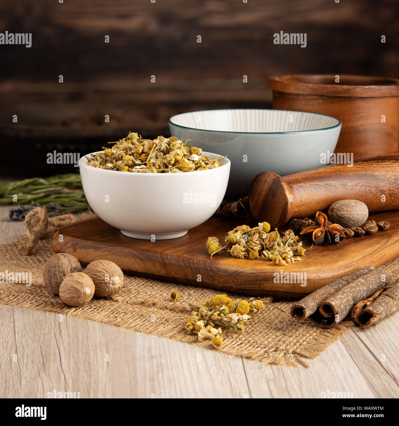 Dried Camomile Flowers in a bowl and food preparation and kitchen ...