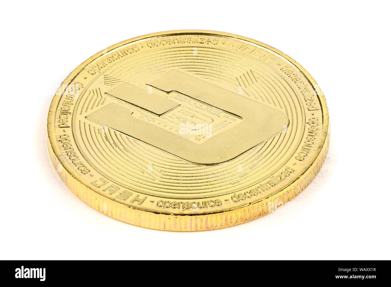 Face of the crypto currency golden dash isolated on white background ...