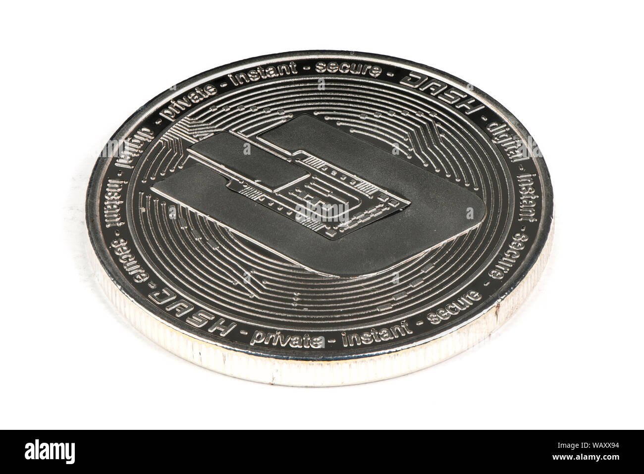 Back side of the crypto currency silver dash isolated on white ...