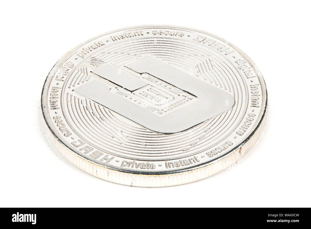 Back side of the crypto currency silver dash isolated on white ...