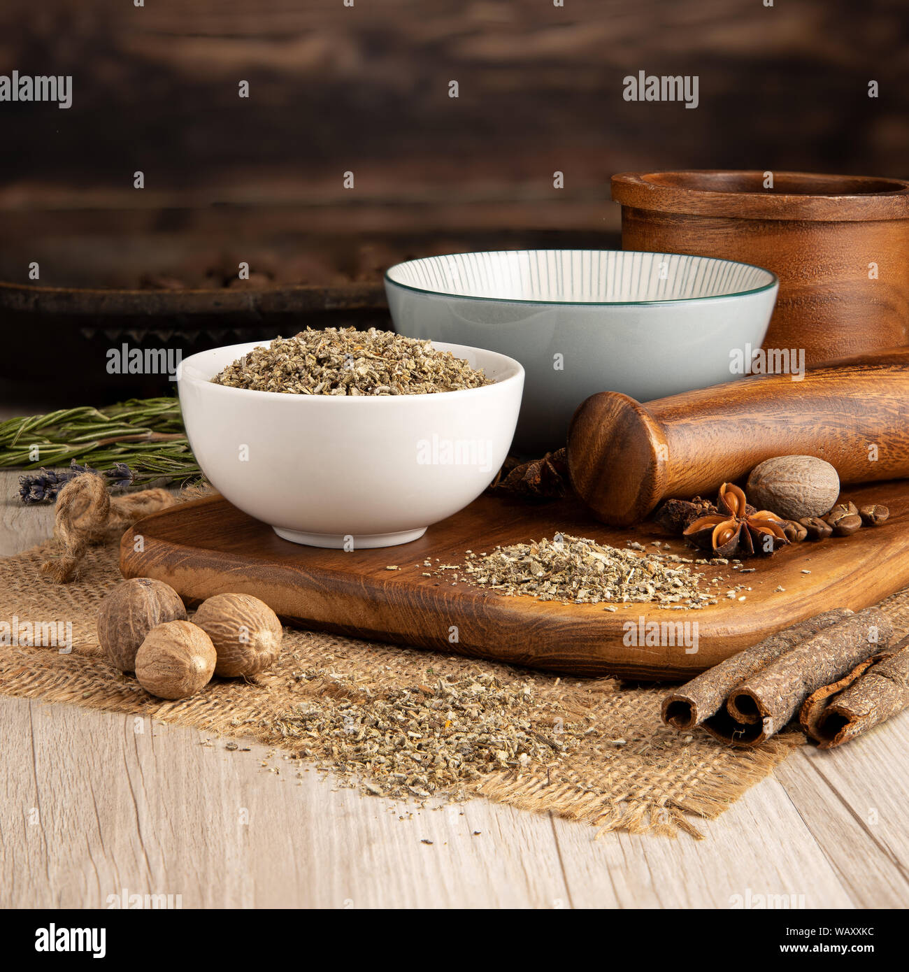 Dried Sage, Herb in a bowl and food preparation and kitchen setting ...