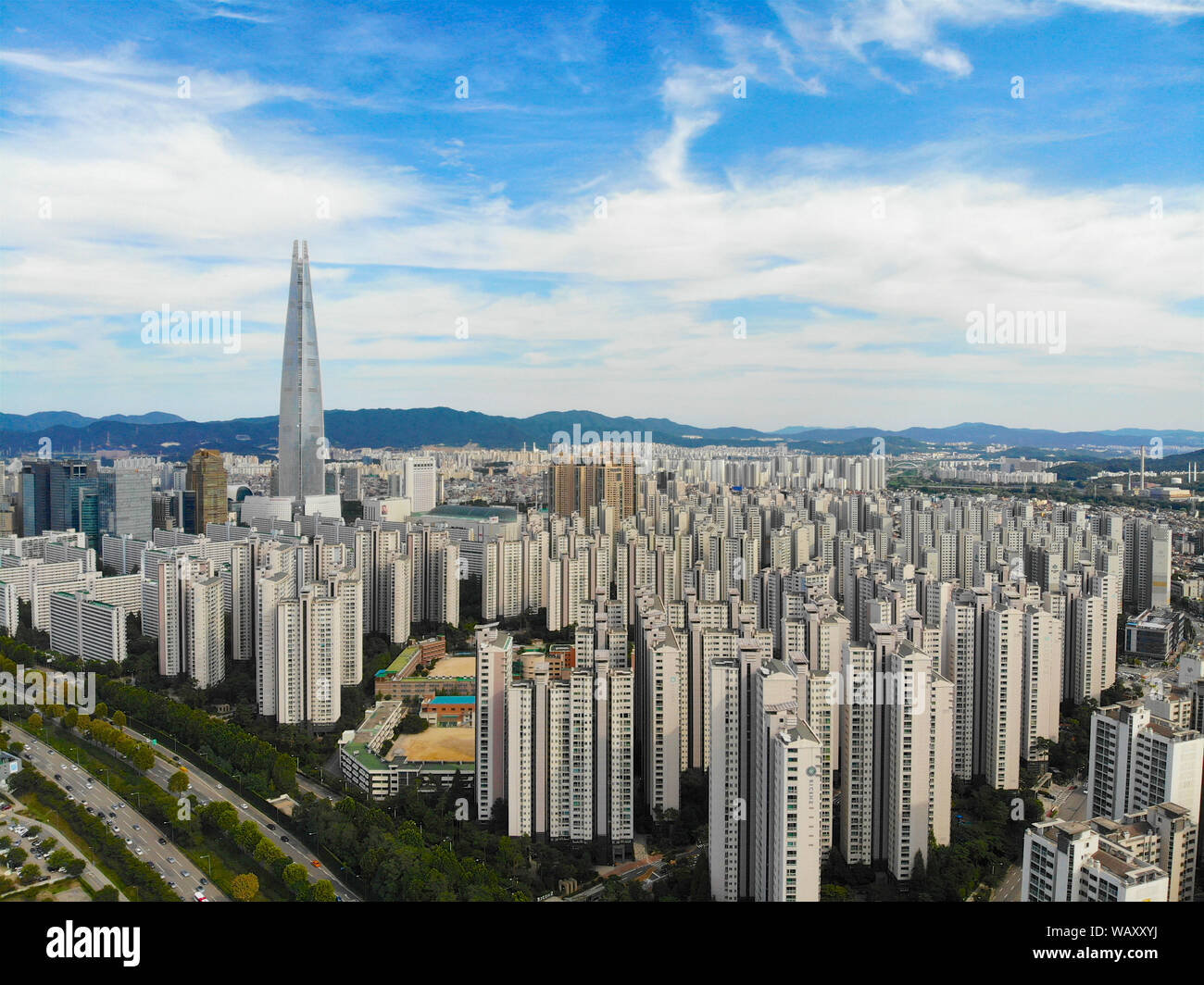Aerial view cityscape of Seoul, South Korea. Aerial View Lotte tower at ...