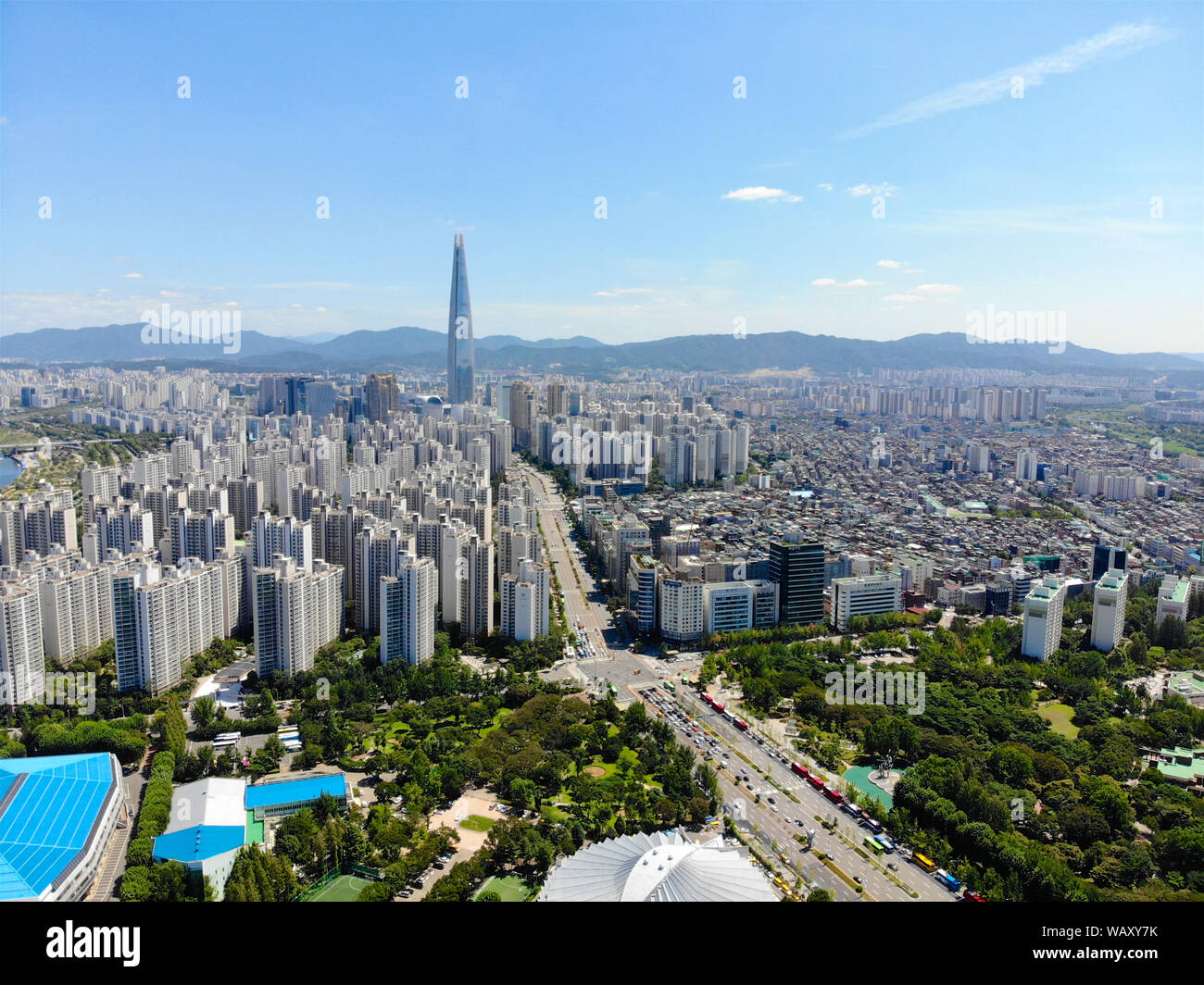 Aerial view cityscape of Seoul, South Korea. Aerial View Lotte tower at ...