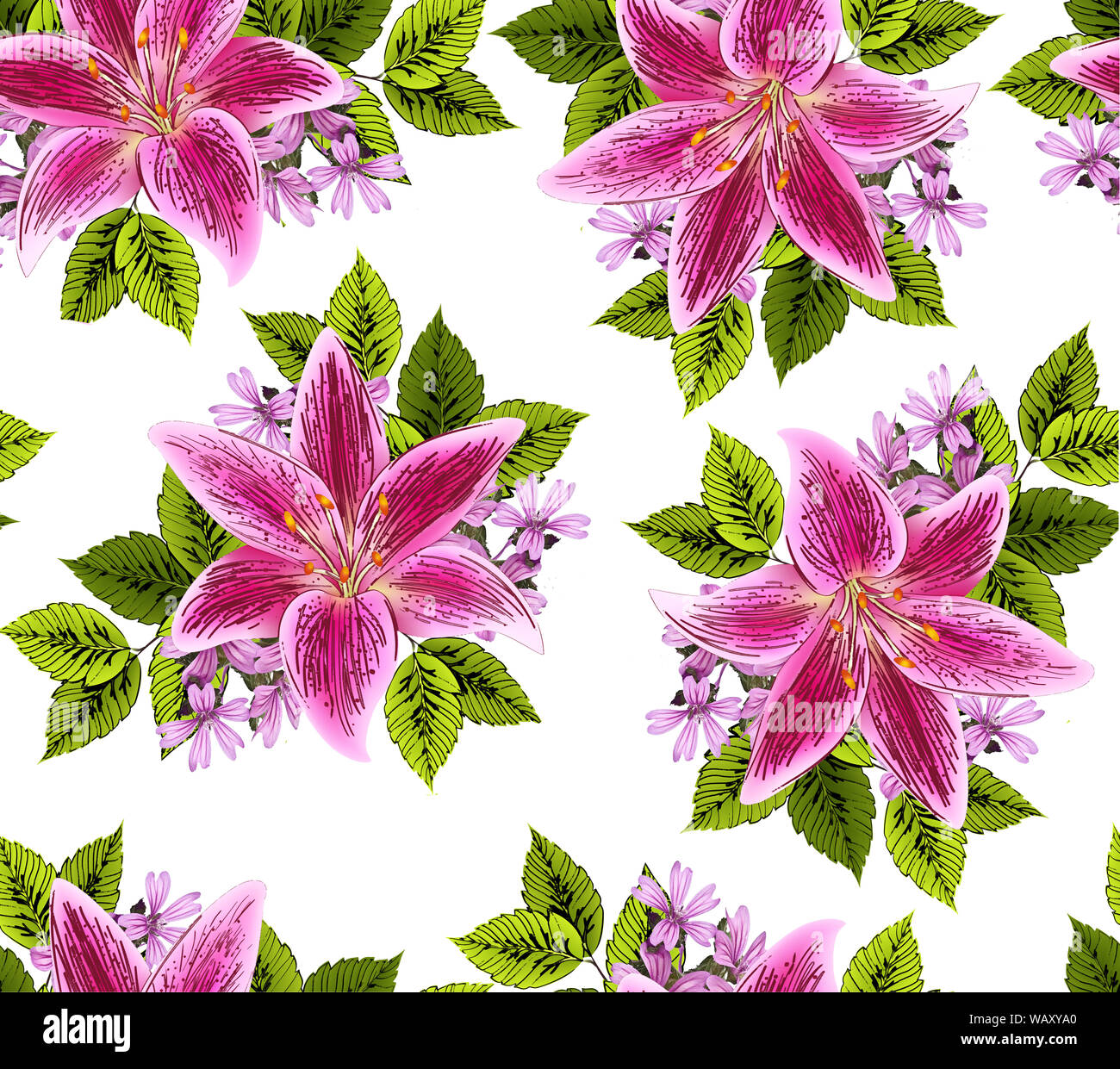 Flowers with leaves design seamless pattern Stock Photo - Alamy