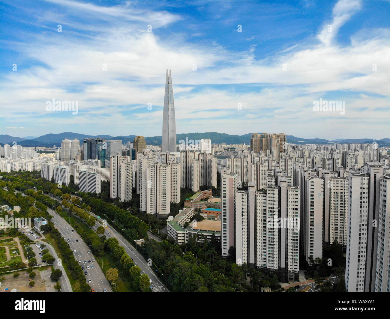 Aerial view cityscape of Seoul, South Korea. Aerial View Lotte tower at ...