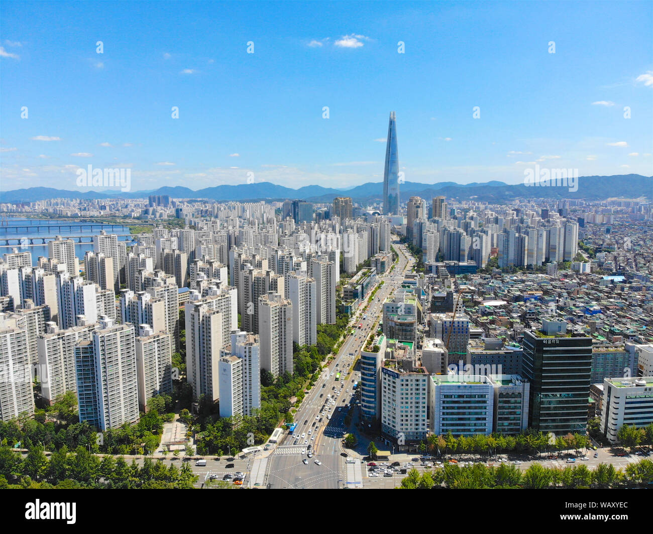 Aerial view cityscape of Seoul, South Korea. Aerial View Lotte tower at ...