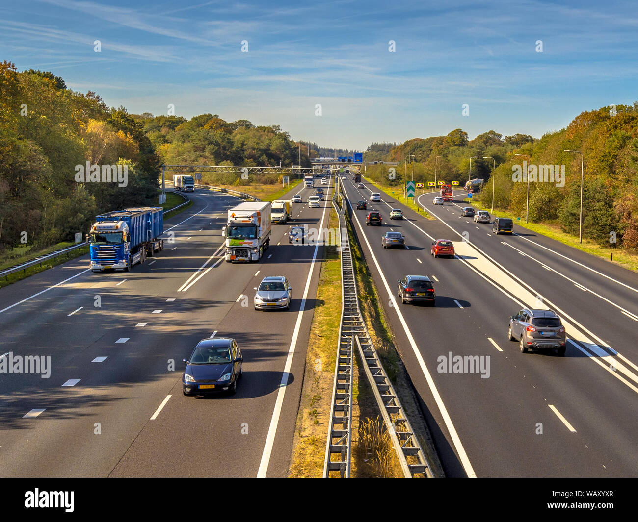 Afternoon motor Traffic on the A12 Motorway seen from above. This is ...