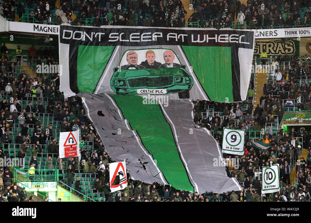 Celtic fans hold up a banner in the stands during the UEFA Europa ...
