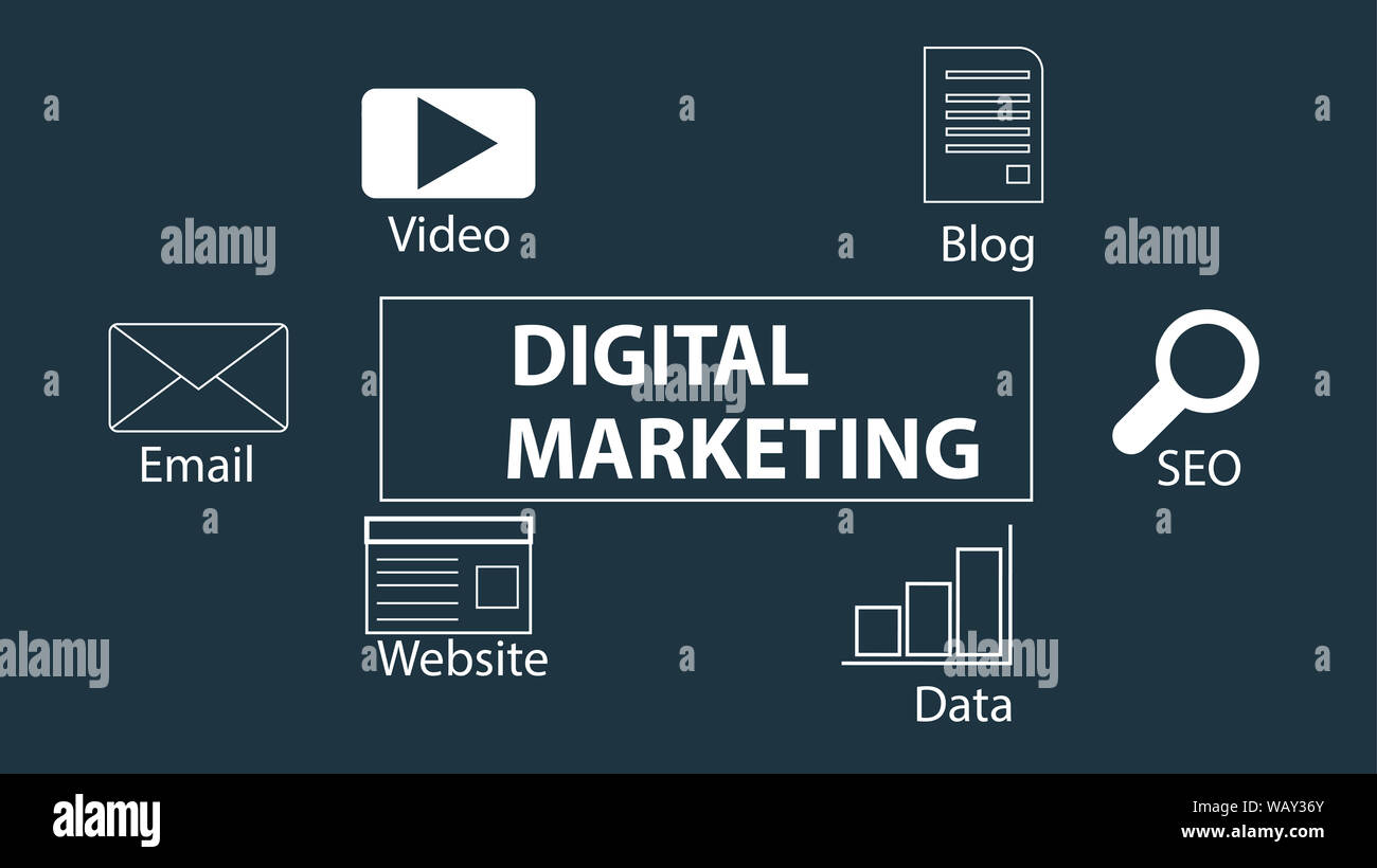 digital marketing illustration dark blue background Stock Photo - Alamy