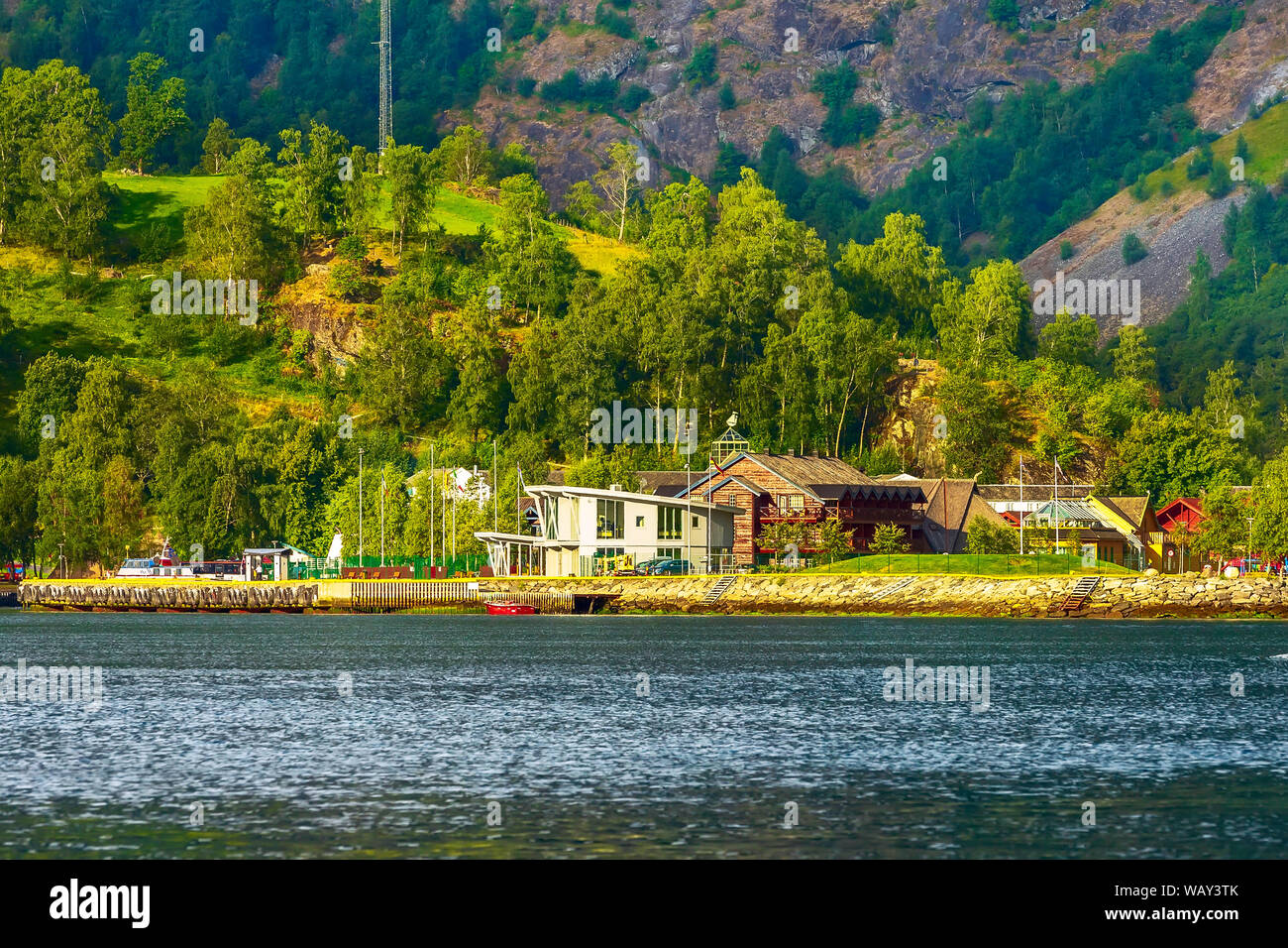 Norwegian fjord village and Sognefjord landscape in Flam, Norway Stock ...