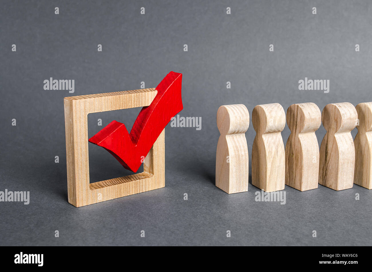 Queue line of people and red tick for voting. Democratic elections ...