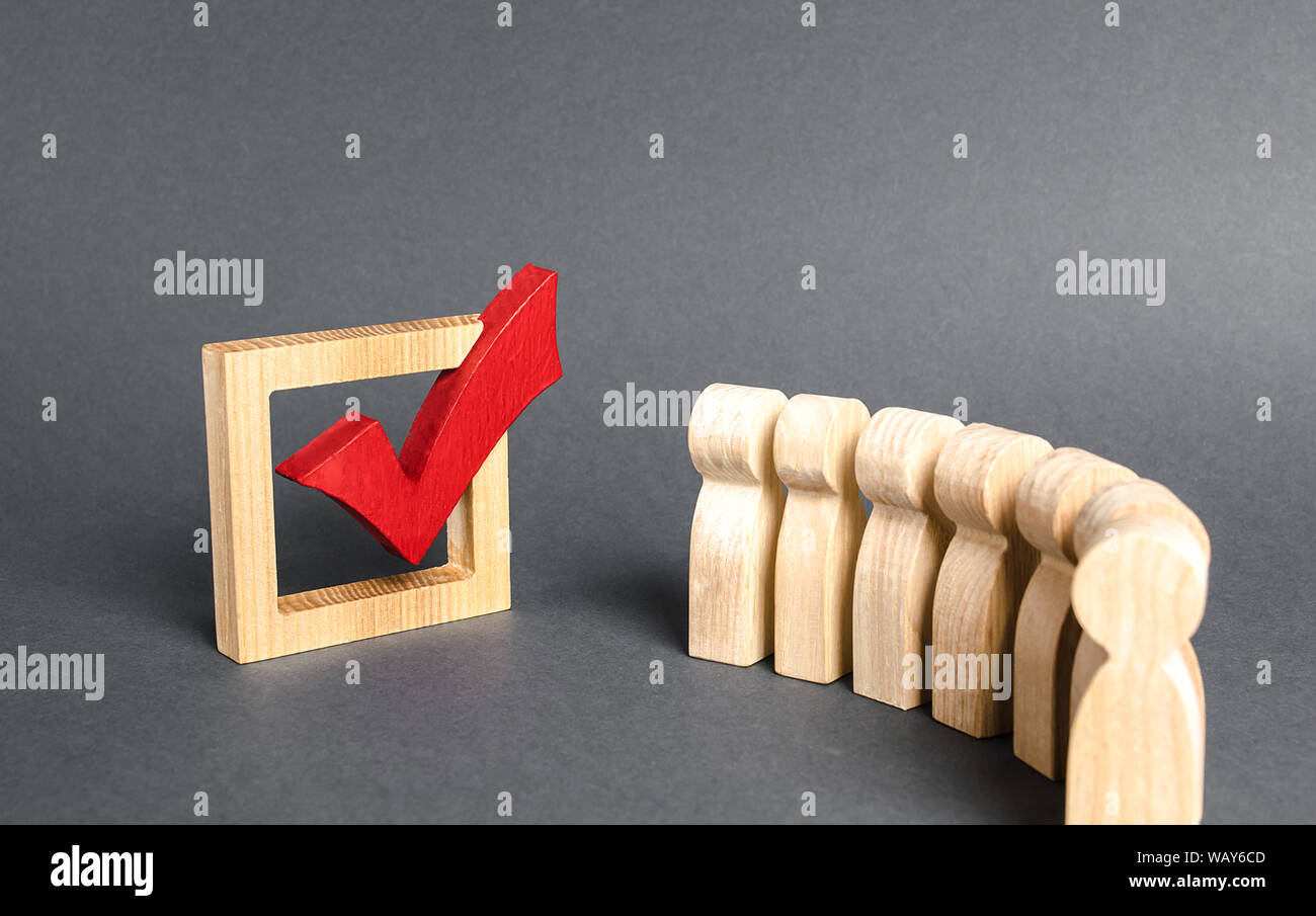 Queue line of people and red tick for voting. Democratic elections ...