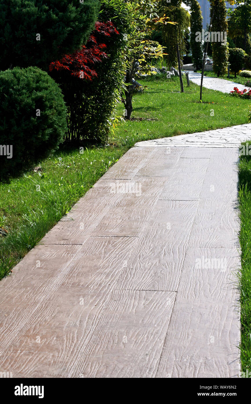 Pathway in garden with trees and grass Stock Photo - Alamy