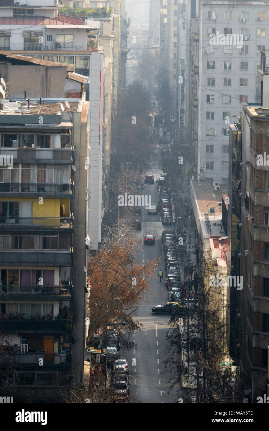 Downtown winter street scene with air pollution in Santiago, Chile ...