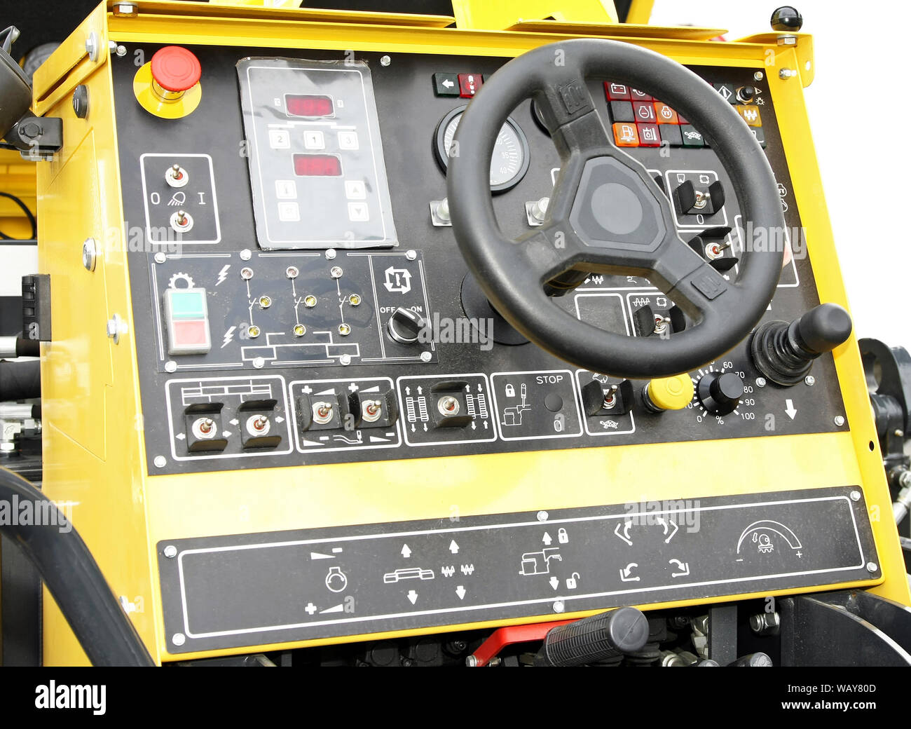 Heavy construction industry cockpit with wheel and buttons Stock Photo ...