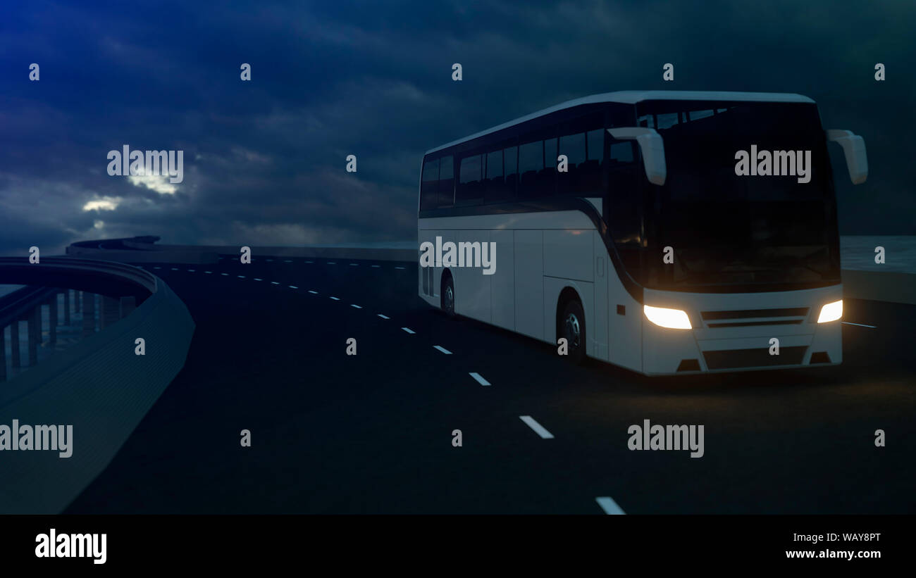 Tourist white bus driving on the bridge under an ominous cloudy sky. 3d ...