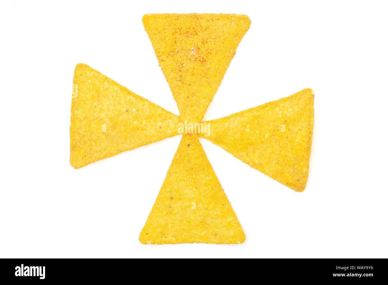 Group of four whole cheese tortilla chips like cross flatlay isolated ...