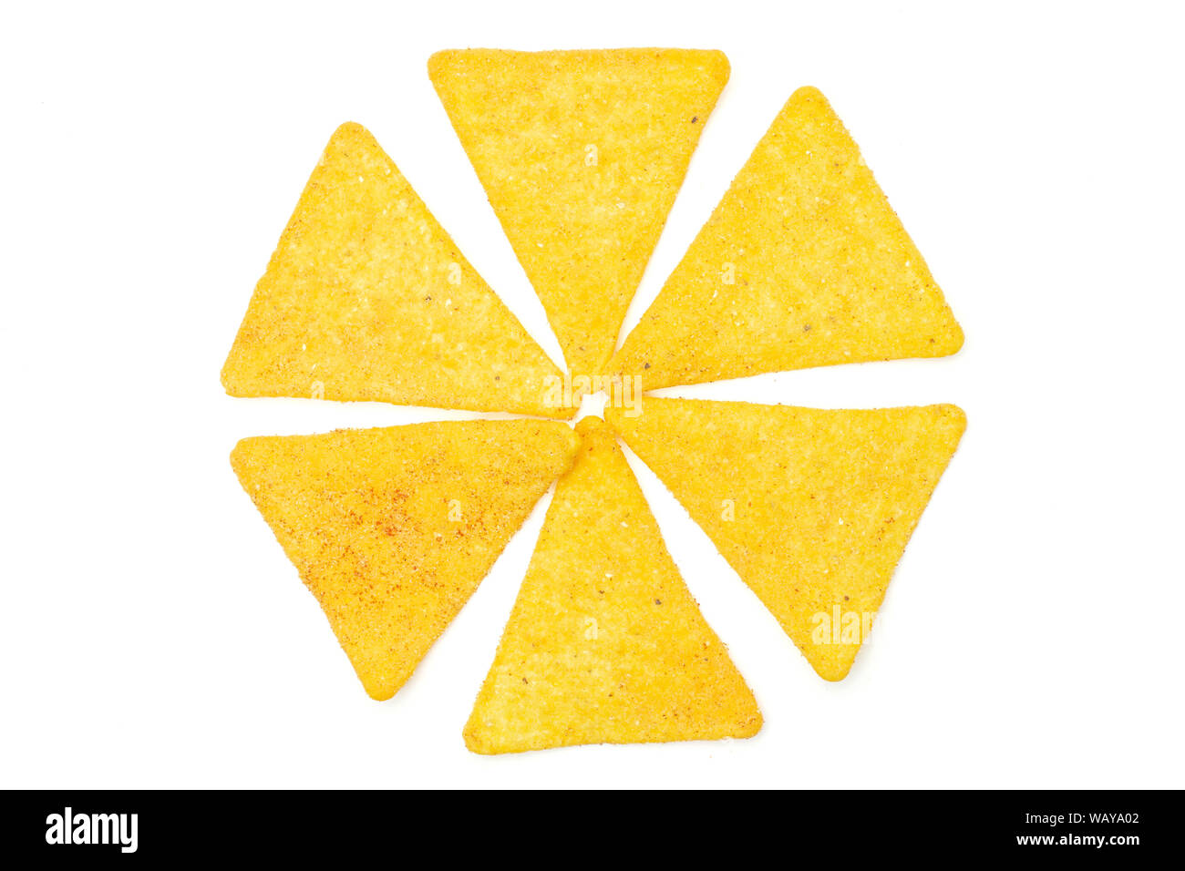 Group of six whole cheese tortilla chips like flower flatlay isolated ...