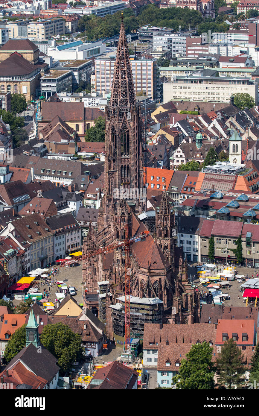 Freiburg in Breisgau, old town, church tower of the Freiburg cathedral ...